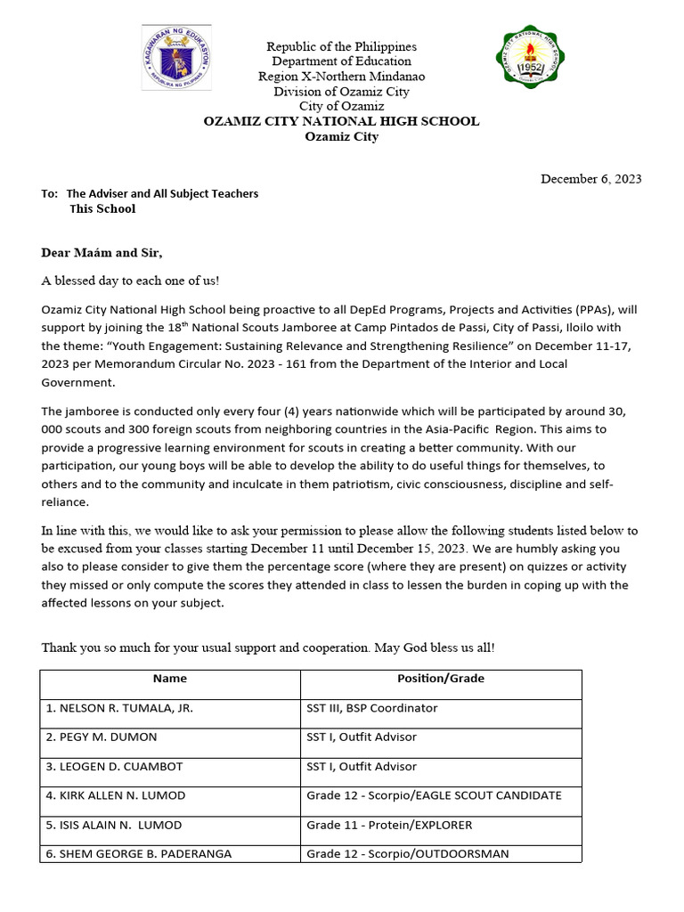 BSP NSJ Excure Letter | PDF | Scouting | Youth Organizations