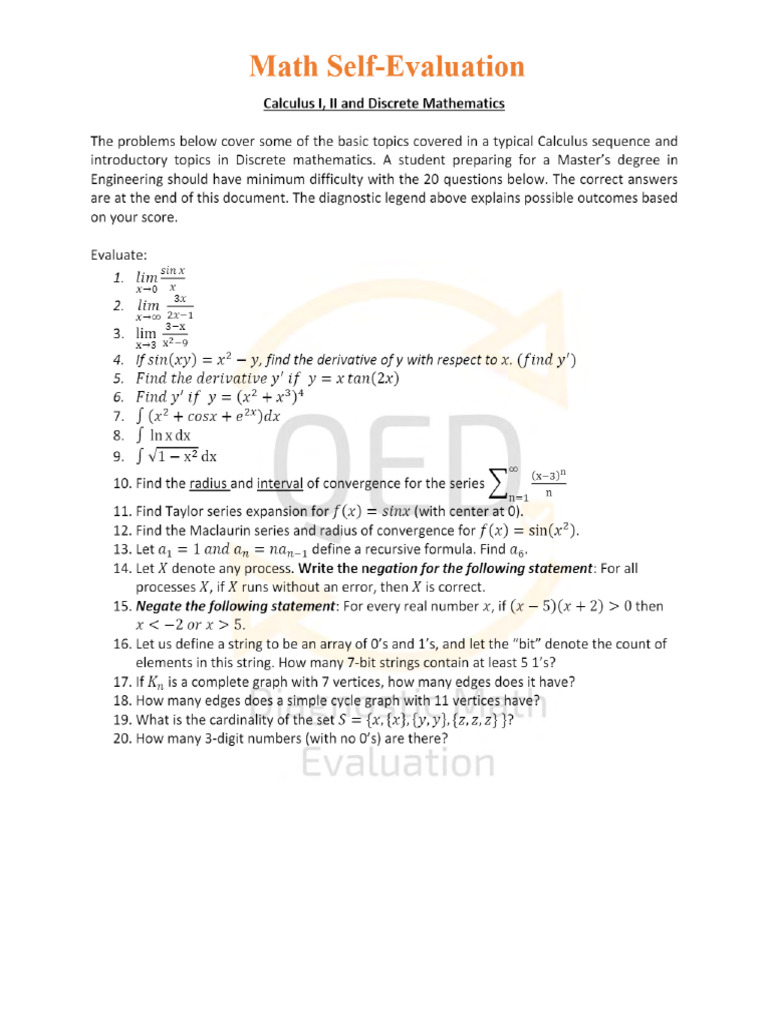 QED Diagnostic Math Self Evaluation - Calc 1 - 2 - Discrete Math | PDF