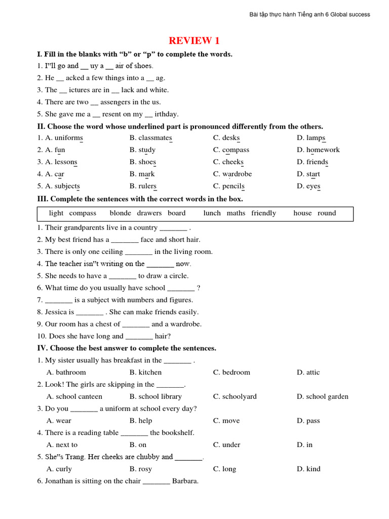 Review Unit 123 Lớp 6 | PDF