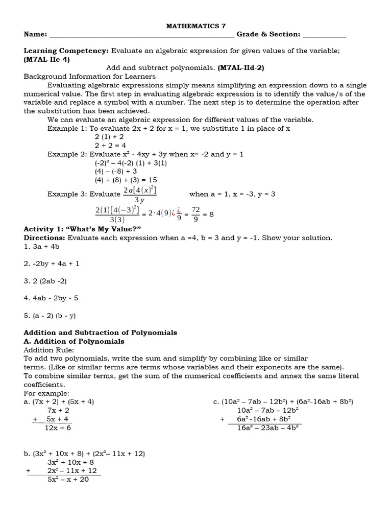 Mathematics 7 | PDF | Polynomial | Subtraction