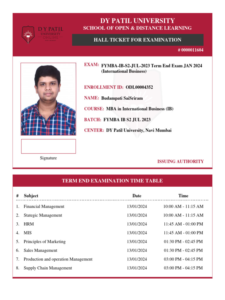 Dy Patil University: School of Open & Distance Learning Hall Ticket For Examination | PDF ...