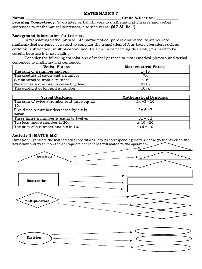 Direction: Translate The Mathematical Operations Into Its Corresponding Word. Choose Your Answer ...