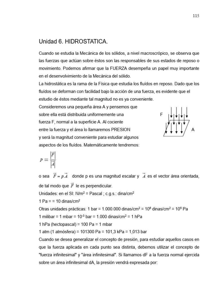 Guia de Teoría. Unidad 06. Hidrostatica | Descargar gratis PDF | Presión | Pascal (Unidad)