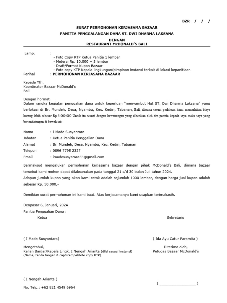 Permohonan Kerjasama Kupon Bazaar McDonald's | PDF
