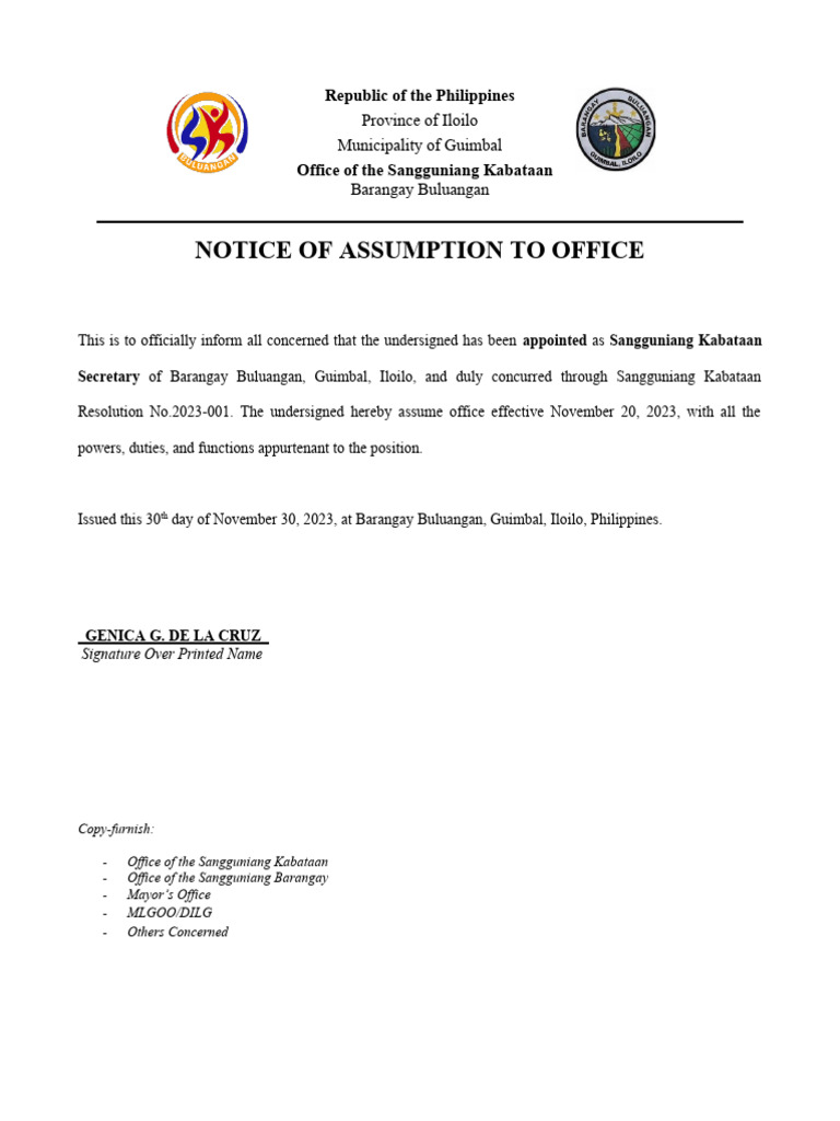 SK Notice of Assumption Into Office | PDF