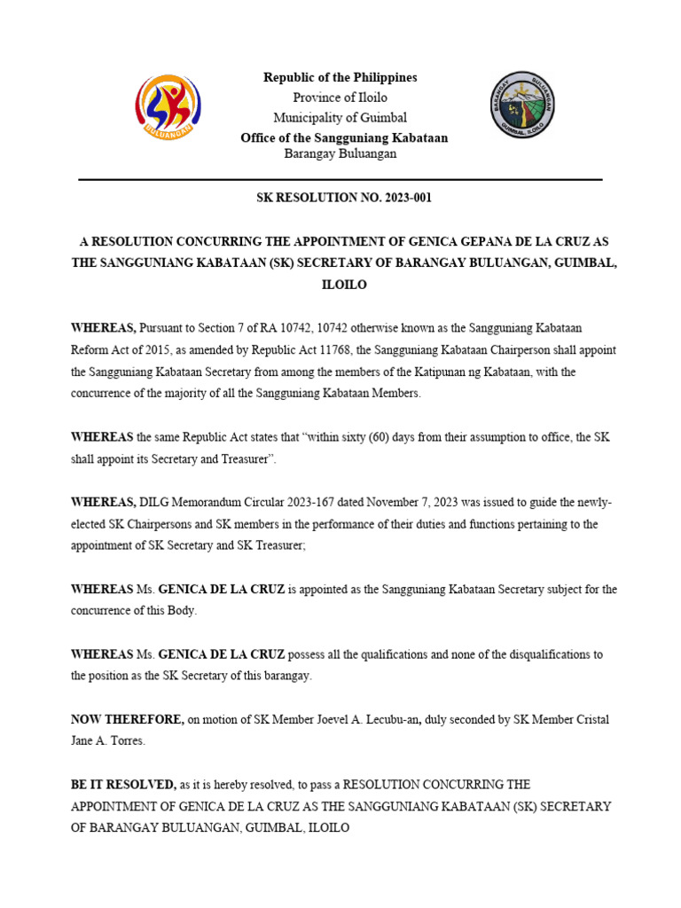 SK Resolution 2023-001 | PDF | Government | Local Government