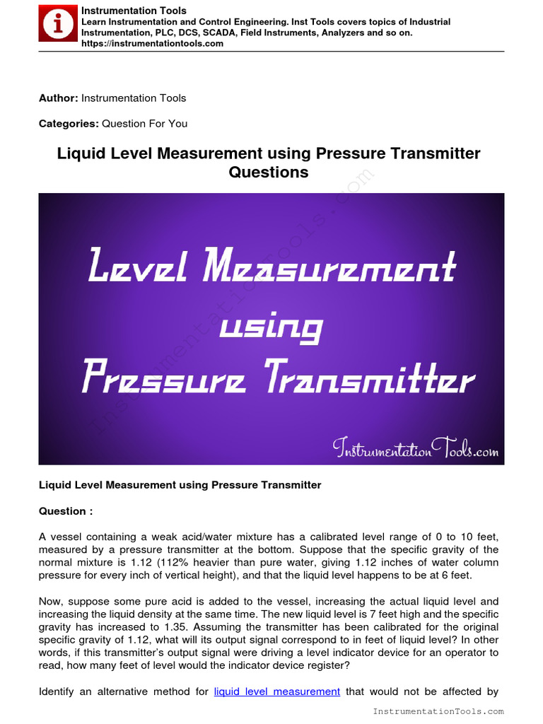 Liquid Level Measurement with Transmitters | PDF | Electrical ...
