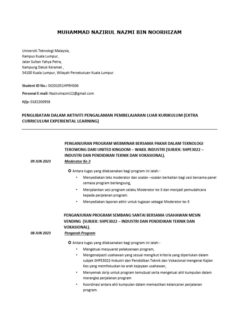 Penglibatan Aktiviti Extra Curriculum Experiential Learning - NAZIRUL NAZMI | PDF