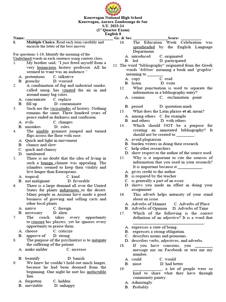 English 8 1st Quarter EXAM | PDF | Adverb | Adjective