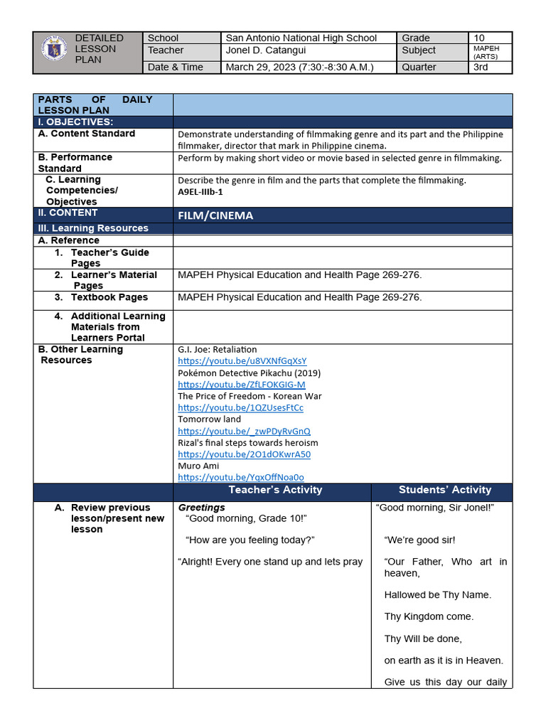 Detailed Lesson Plan Film | PDF