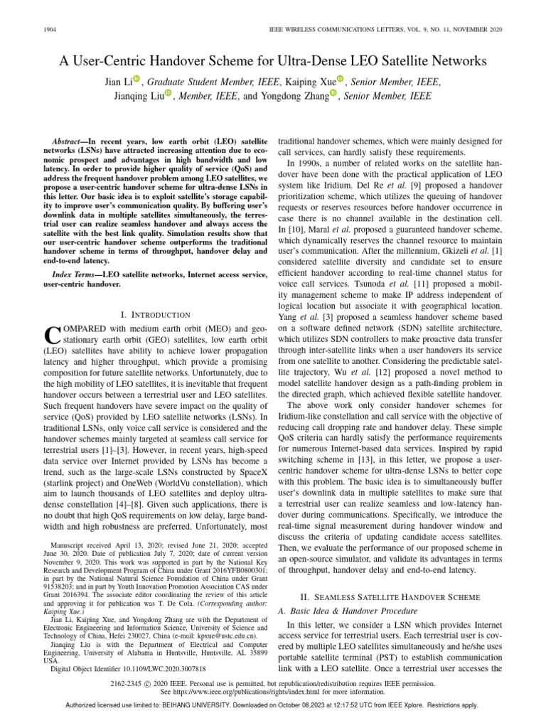 A User Centric Handover Scheme For Ultra Dense Leo Satellite Networks Pdf Computer Network 