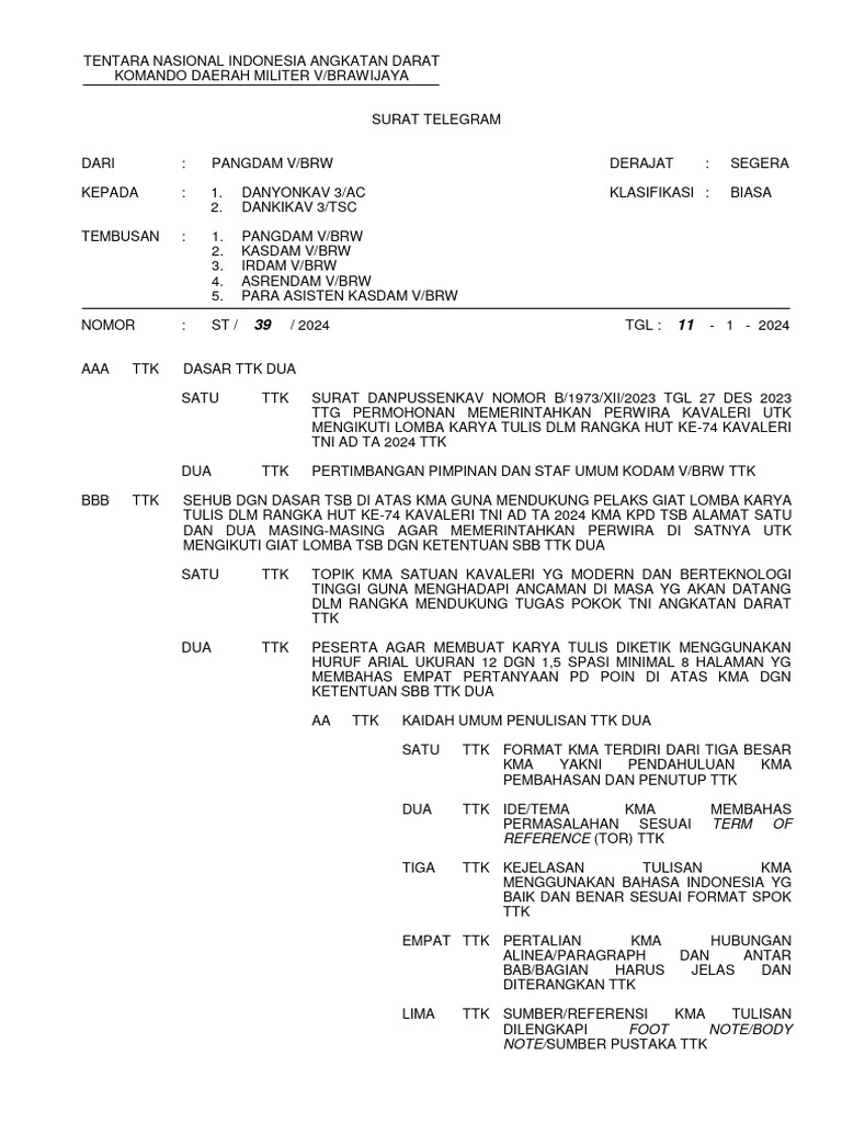 ST KPD Danyonkav Dankikav TTG Lomba Karya Tulis DLM Rangka Hut Ke 74 Kav Tni Ad | PDF