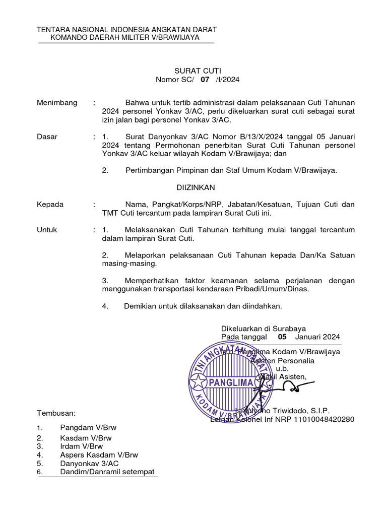 Personel Cuti Tahunan Yonkav 3 Ac | PDF