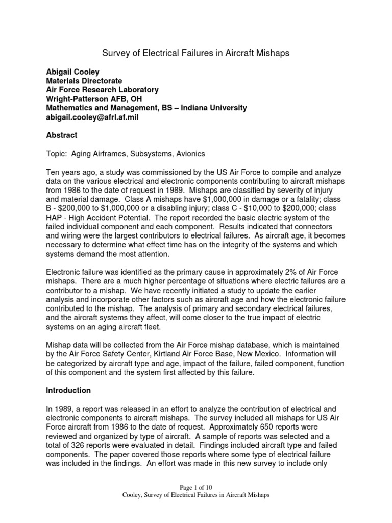 Survey of Electrical Failures in Aircraft Mishaps | PDF