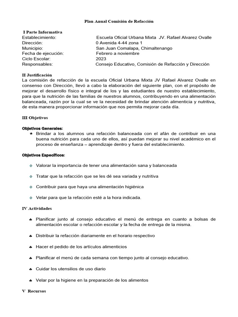 Plan Anual Comisión de Refacción Escolar | PDF | Crecimiento personal y ...