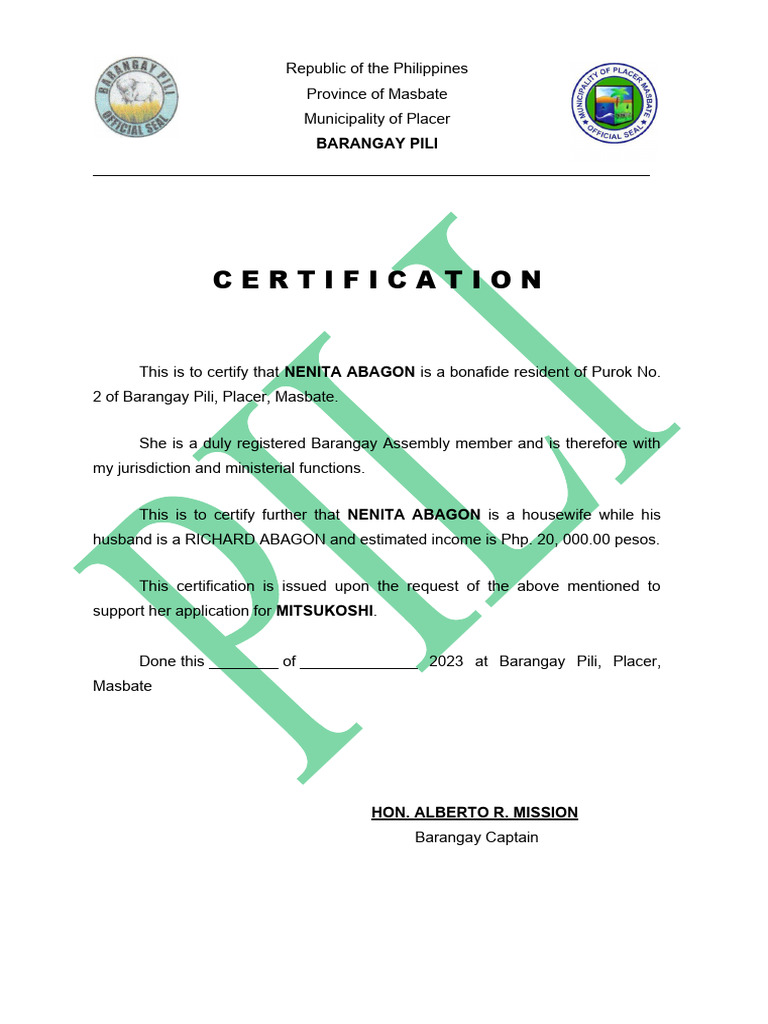Barangay Pili CERTIFICATION | PDF
