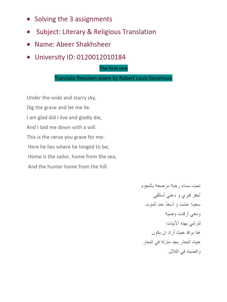 Solving The 3 Assignments - Subject: Literary & Religious Translation - Name: Abeer Shakhsheer ...