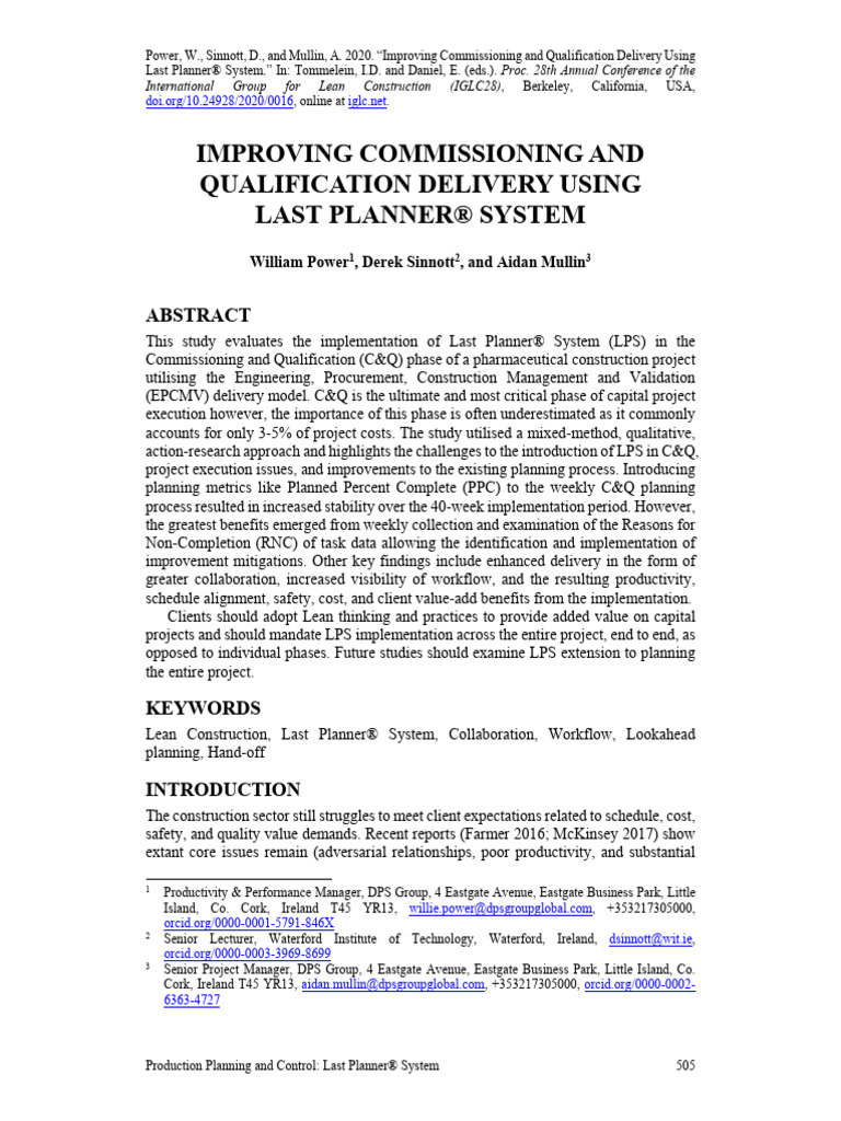 Power Et Al. 2020 - Improving Commissioning and Qualification Delivery Using Last Planner System ...