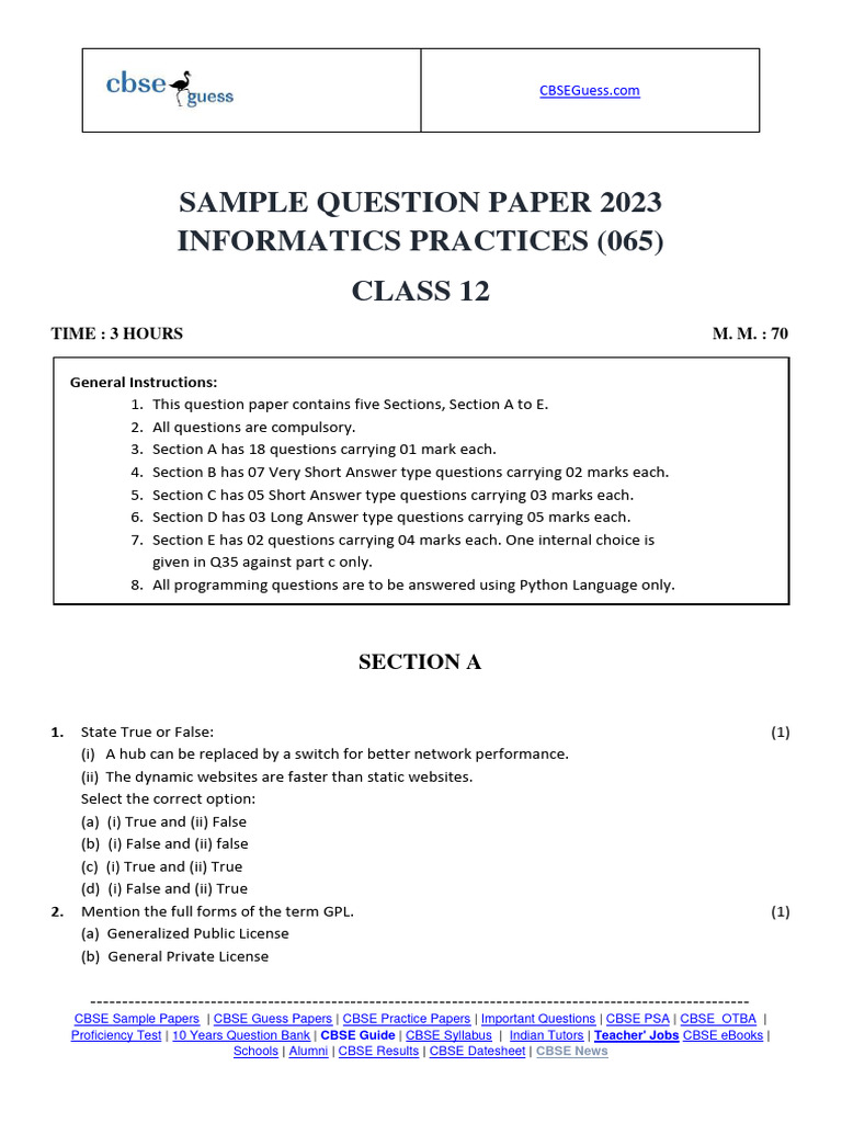 CBSE Class 12 Informatics Practices Sample Paper | PDF