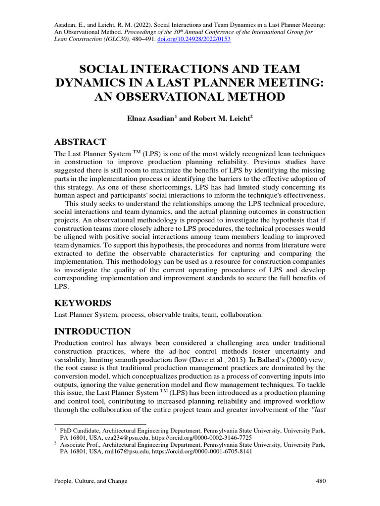 Asadian and Leicht 2022 - Social Interactions and Team Dynamics in A Last Planner Meeting - An ...