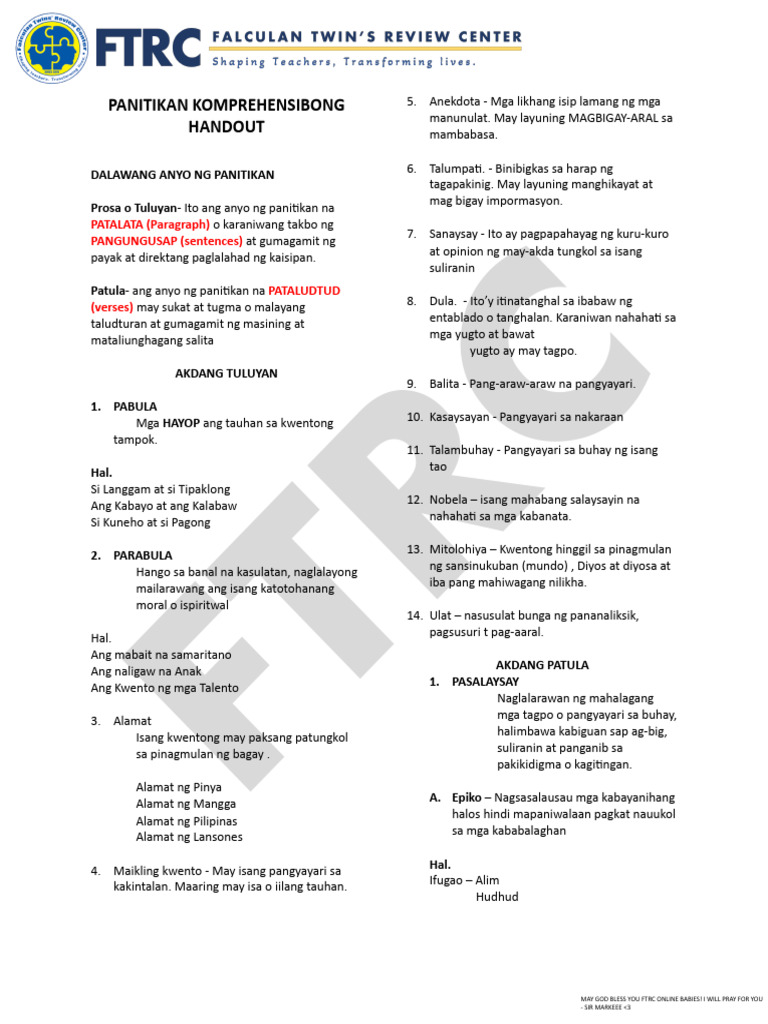 PANITIKAN-KOMPREHENSIBONG-HANDOUT | PDF