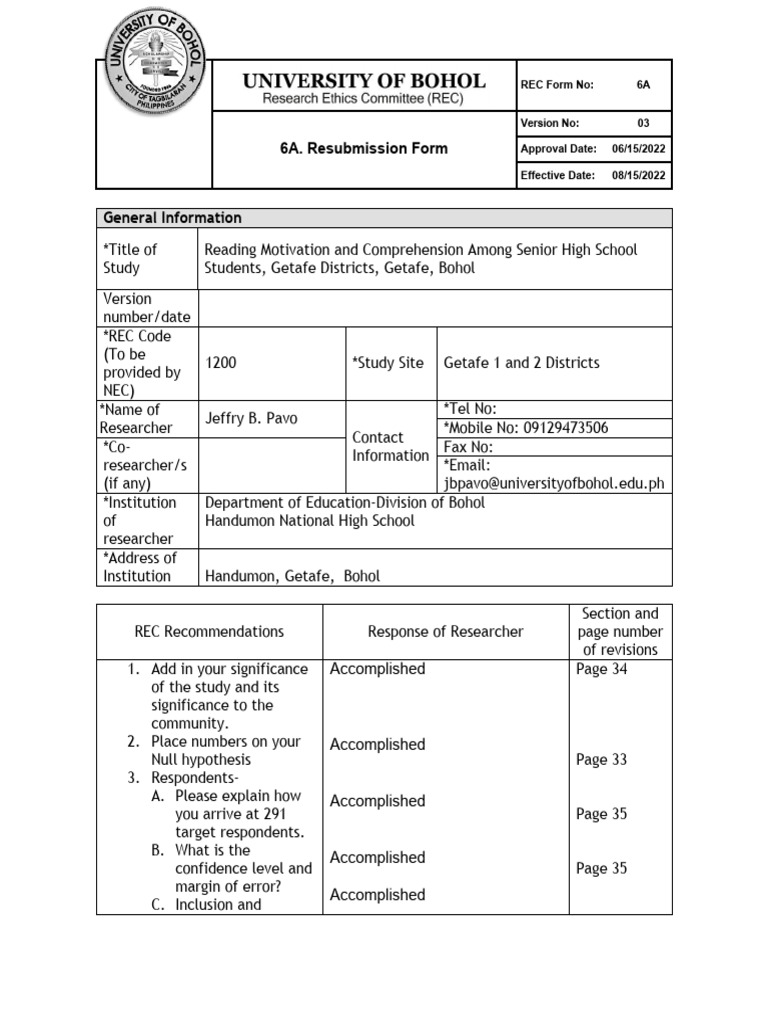 Form 6A. Resubmission Form | PDF