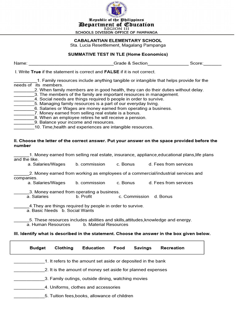 Summative Test in Home Economics | PDF | Salary | Economies