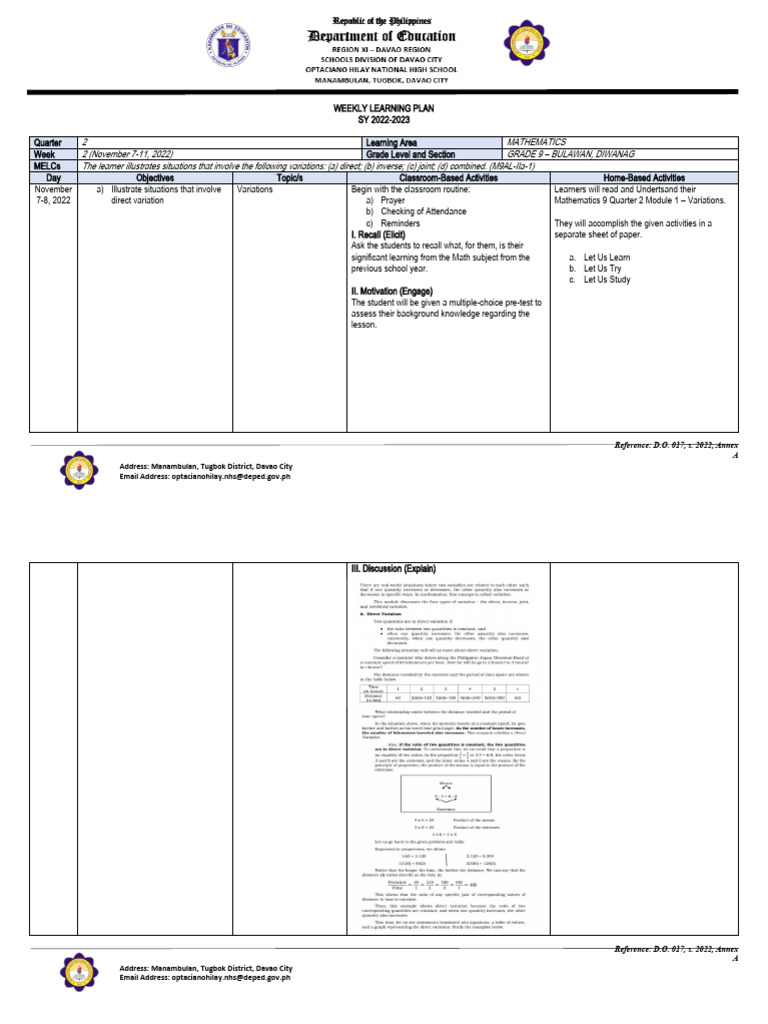 MATH 9 Q2W1 Weekly Learning Plan | PDF | Learning | Mathematics