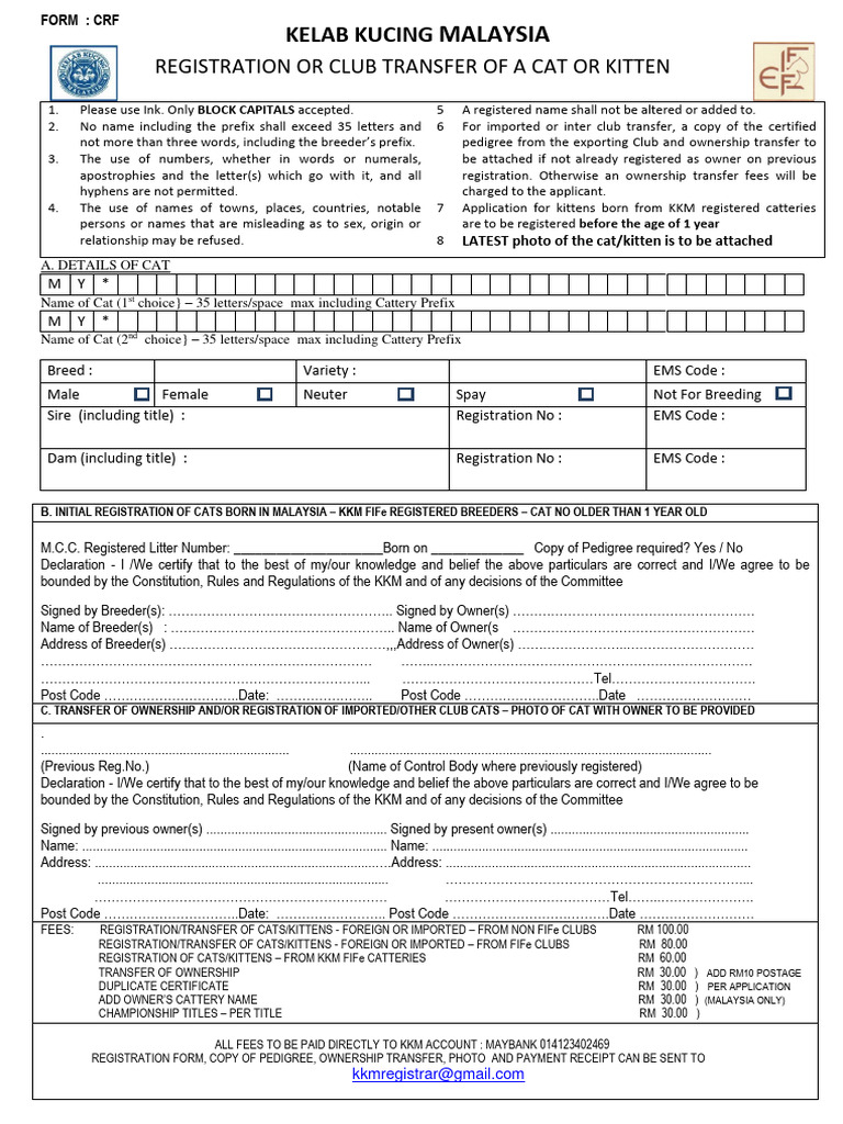 CRF - Cat Registration Form | PDF | Domesticated Animals