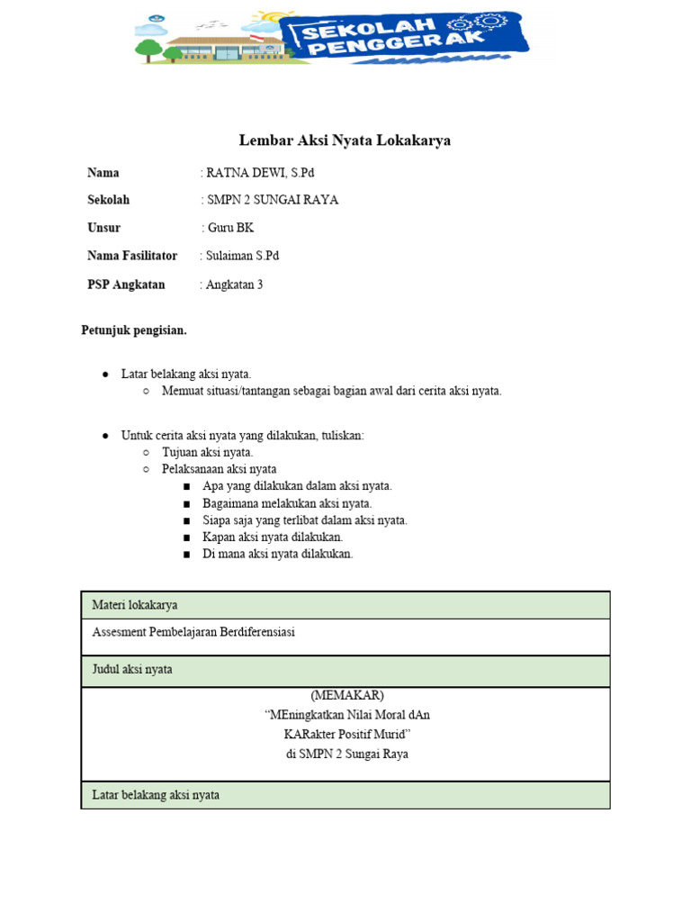 Lembar Aksi Nyata Lokakarya Ratna Dewi (PSP - LK - 3) | PDF