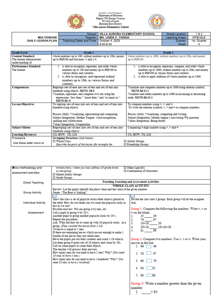 Grade 1&2 - Yanga - Math 1st Quarter COT | PDF | Learning | Cognition