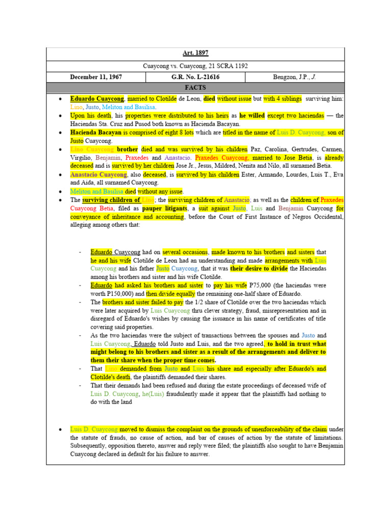 Cuaycong vs. Cuaycong, 21 SCRA 1192 | PDF | Trust Law | Complaint