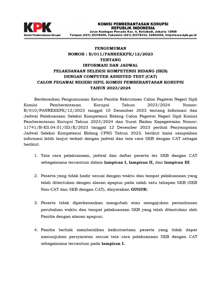 B2023 - 011 - Pengumuman SKB Dengan CAT CPNS KPK Tahun 2023 | PDF
