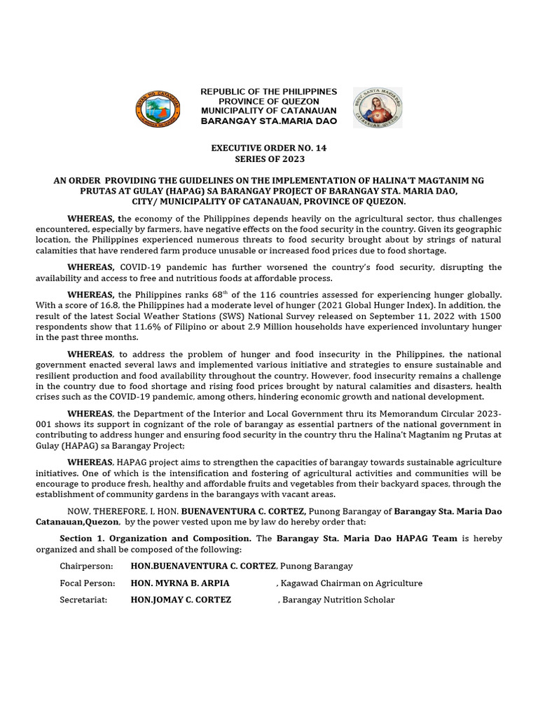 EO HAPAG For Barangays 2023 | PDF | Food Security | Hunger