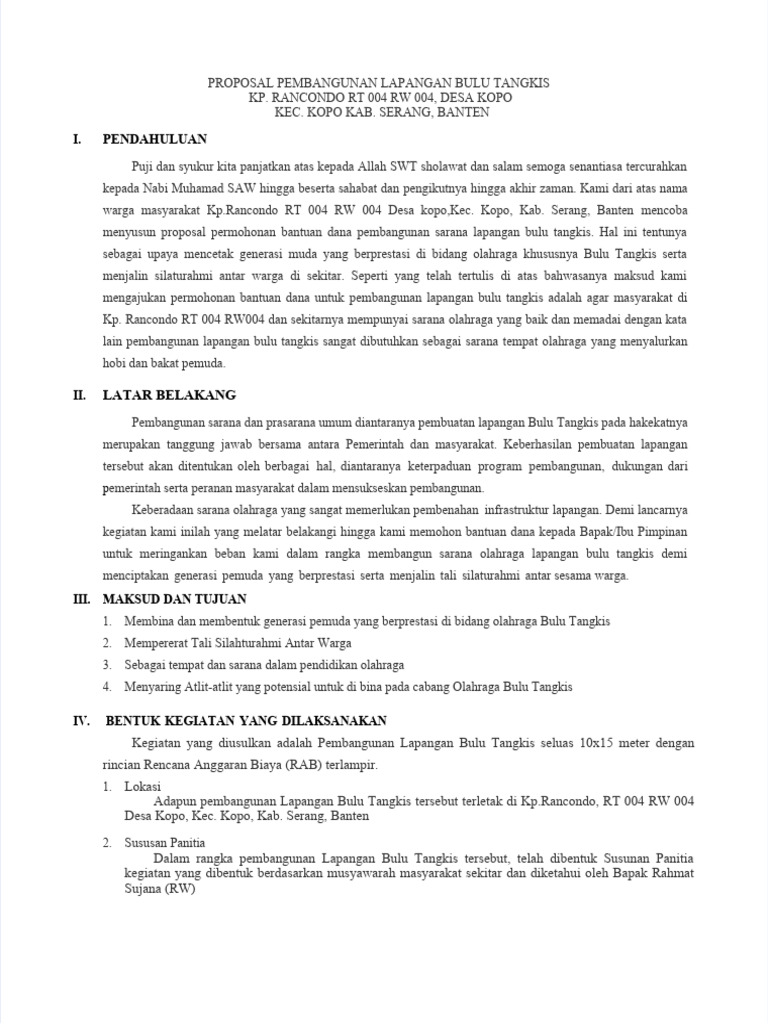Proposal Pembangunan Lapangan Bulu Tangkis - Septiadi Gunawan | PDF