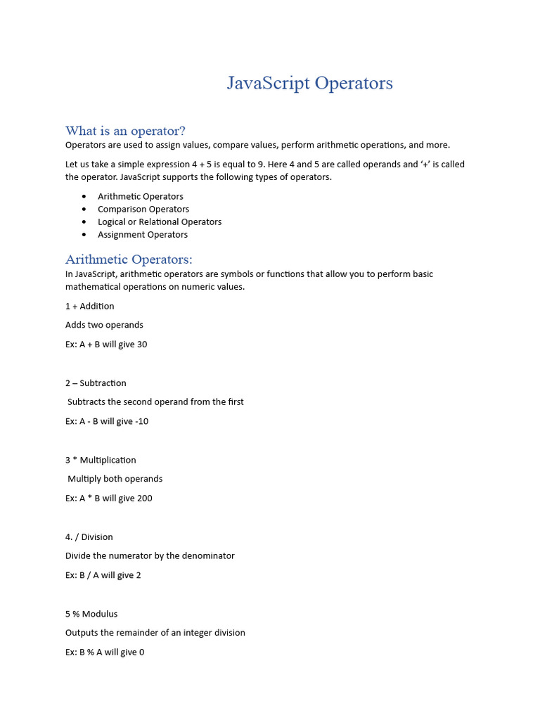 Javascript Operators Pdf Arithmetic Elementary Mathematics 8651