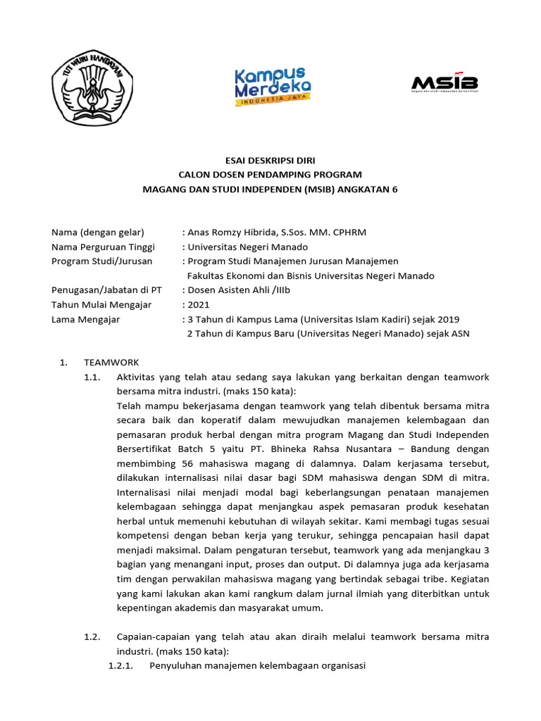 Deskripsi Diri DPP MSIB Angkatan 6 | PDF | Bisnis