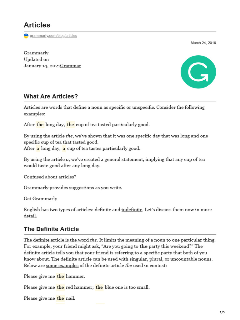 Articles | PDF | Noun | Word