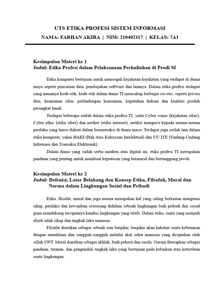 Uts Etika Profesi Sistem Informasi - Farhan Akira - 210402117 | PDF