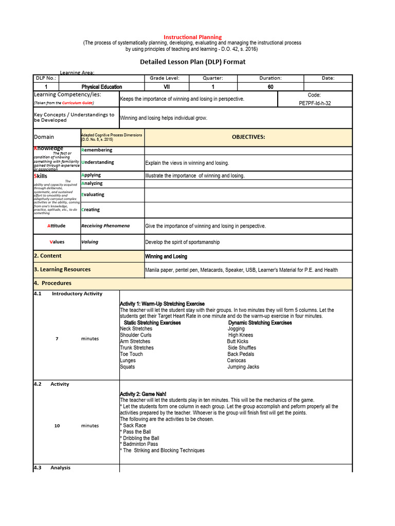 Lesson Plan in P.E. 1 | PDF