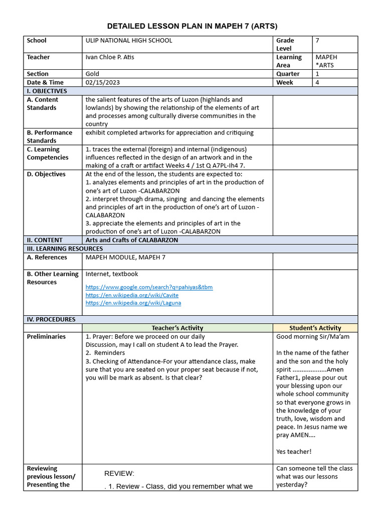 Detailed Lesson Plan in Mapeh 7 (Arts) | PDF | Weaving | Embroidery