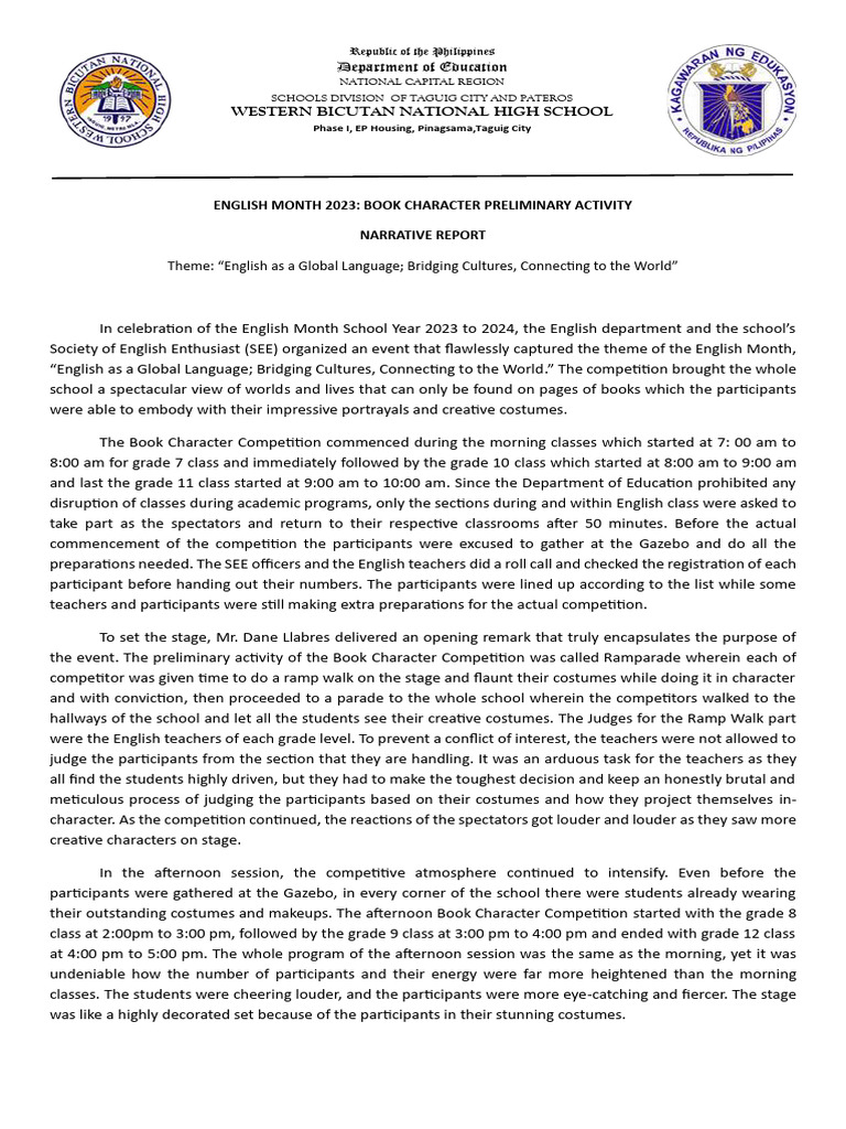 English Month Narrative Report 1 (Sy2023-2024) | PDF