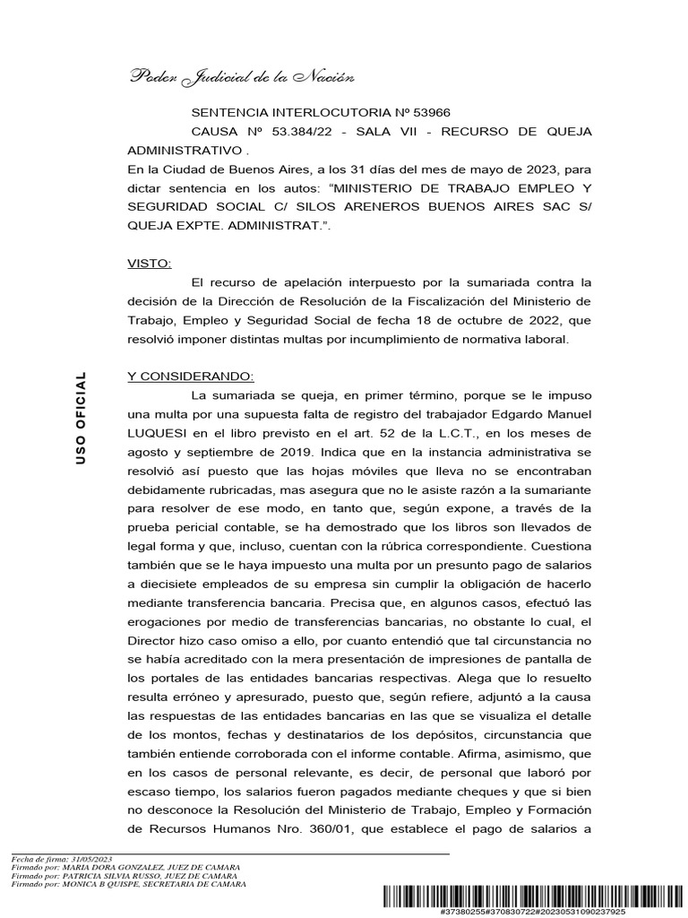 Sentencia Interlocutoria Laboral | PDF | Multa (pena) | Sentencia (ley)