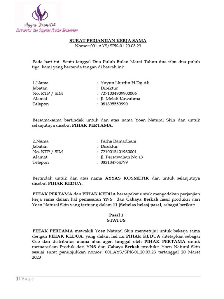 Surat Perjanjian Kerjasama YNS Dan AYYAS | PDF