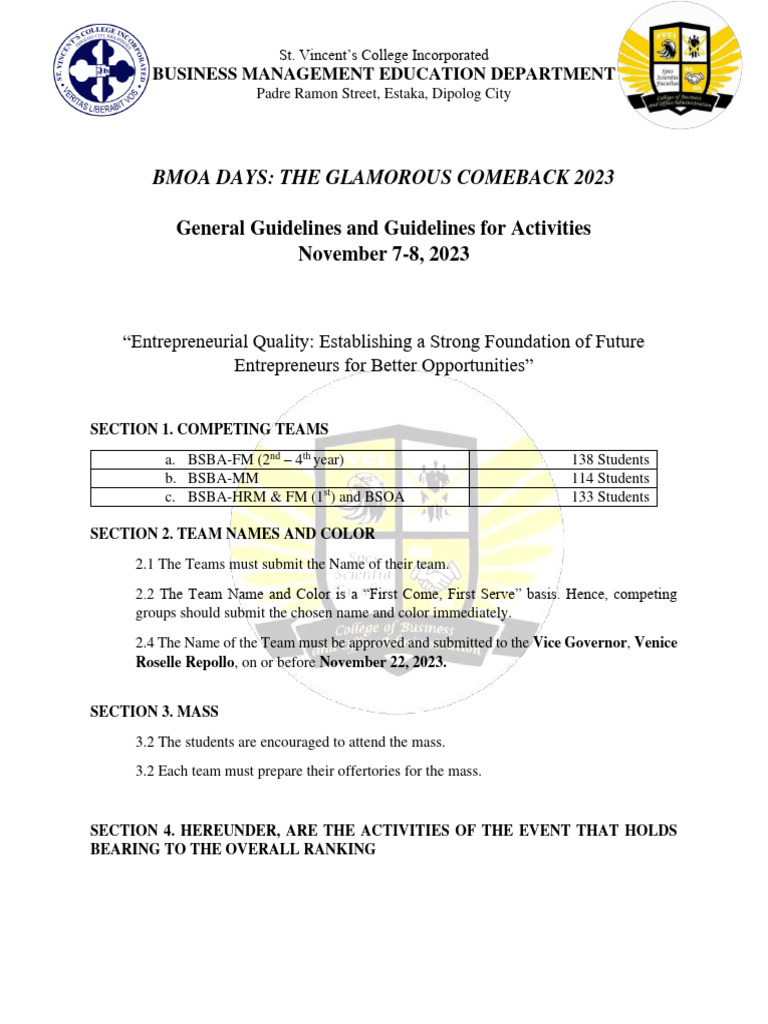 REVISED BMOA Days General Guidelines and Activities Guidelines | PDF