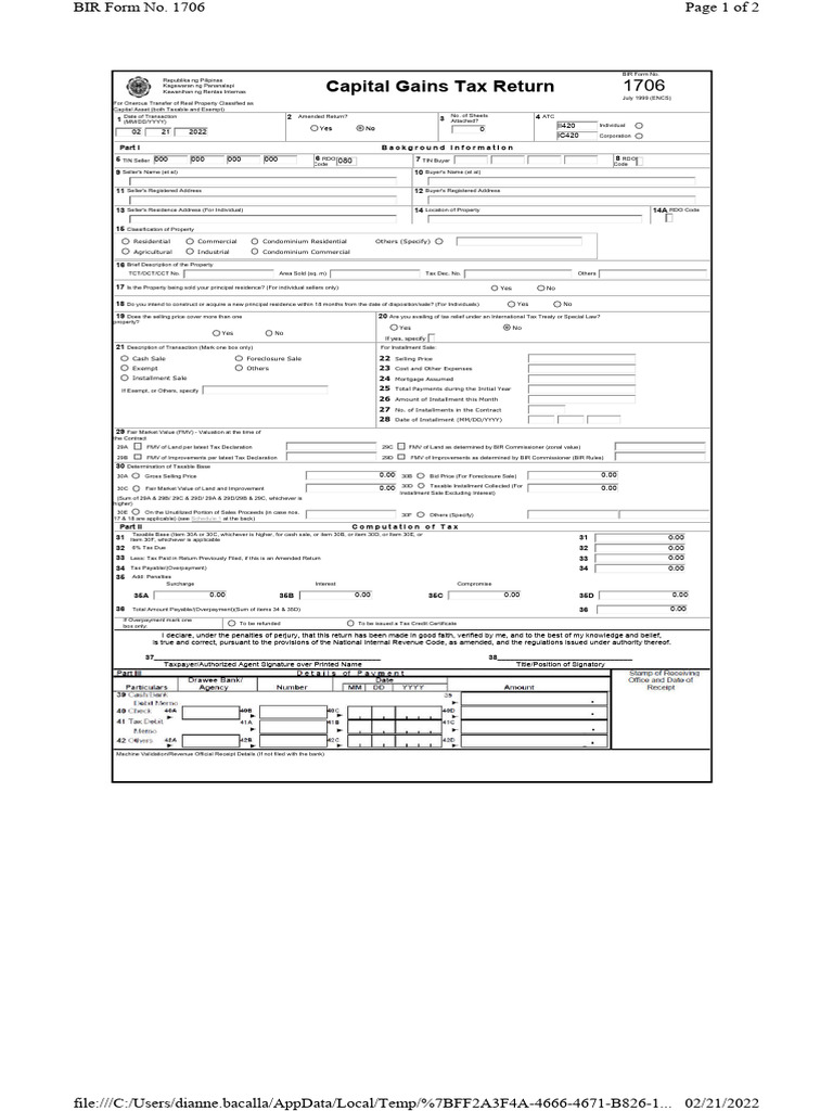 Capital Gains Tax Return: BIR Form 1706 | PDF