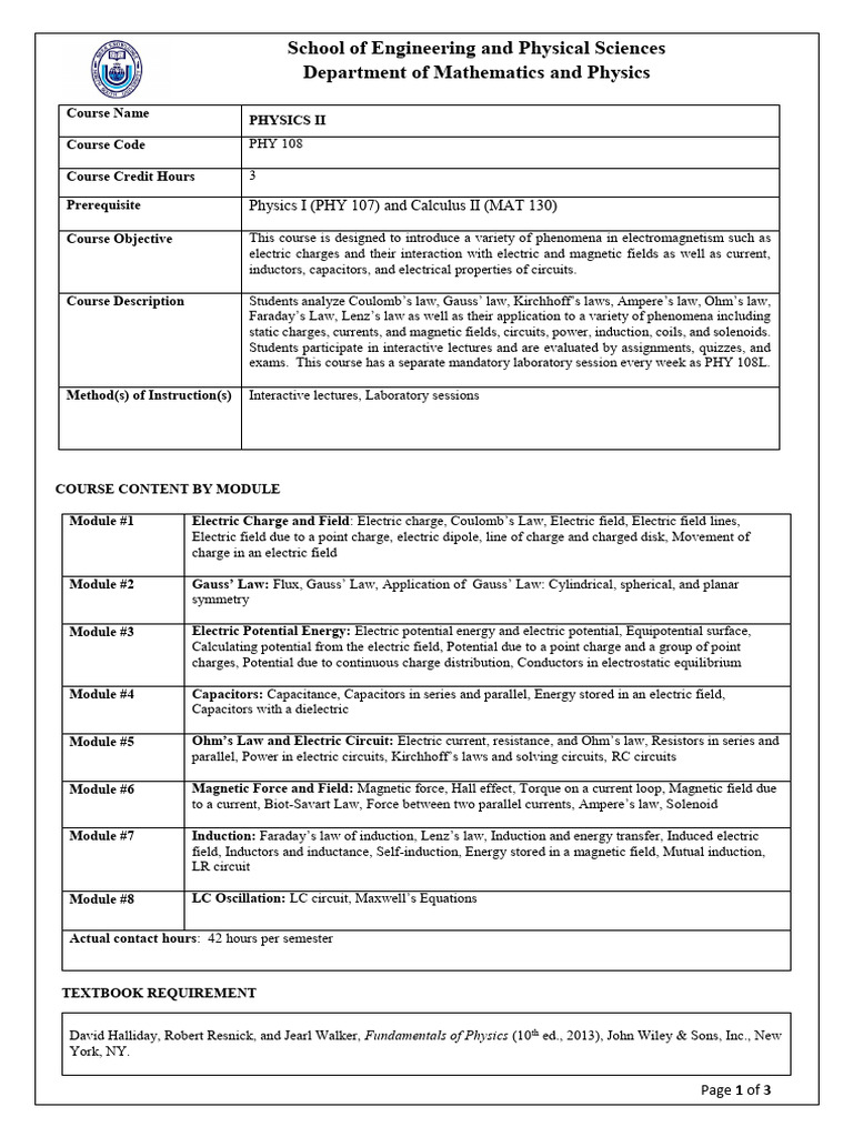 Course Outline (PHY 108) - Summer 2023 | PDF | Inductance | Series And Parallel Circuits