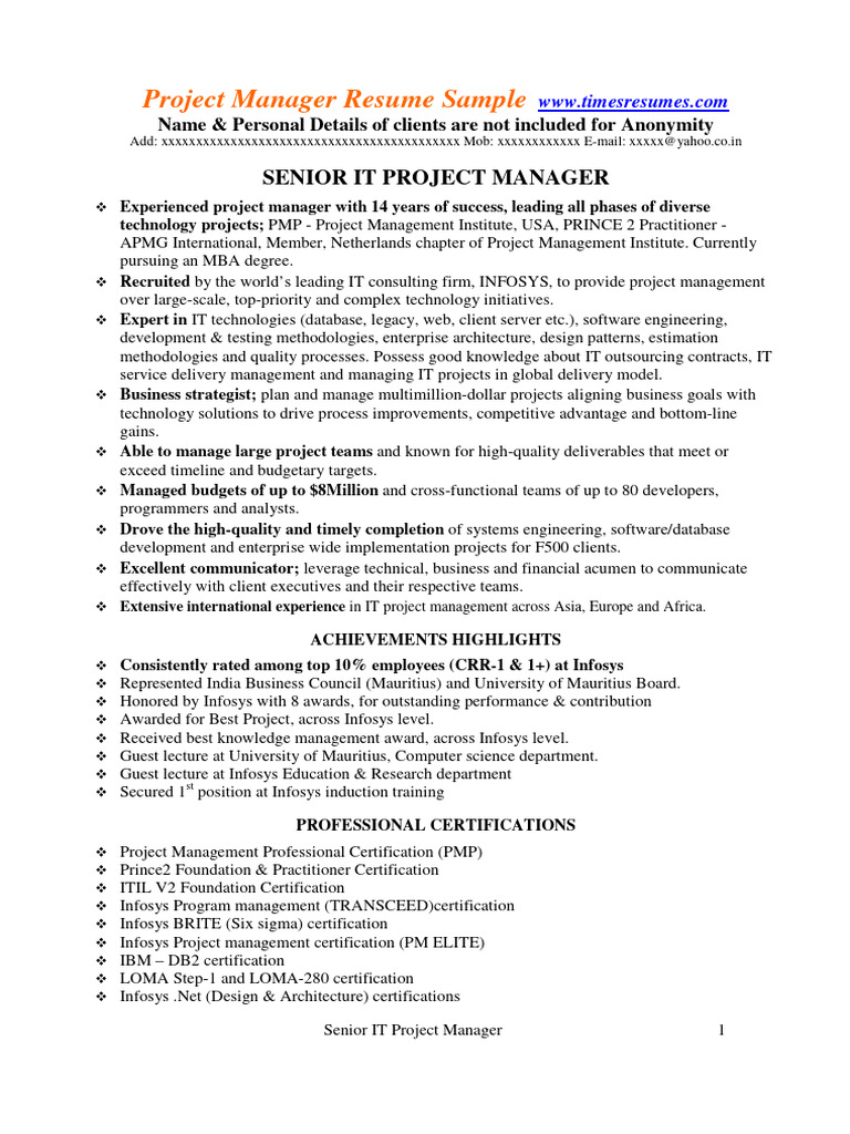 Senior IT Project Manager Resume Sample | PDF | Project Management ...