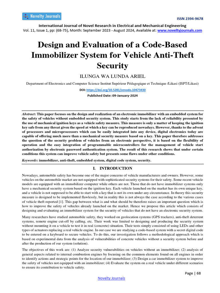 Design and Evaluation of A Code-Based Immobilizer System For Vehicle ...