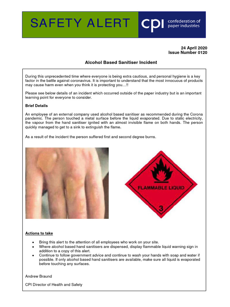 CPI Safety Alert 0120 - Alcohol Based Sanitiser Incident - April 2020 | PDF